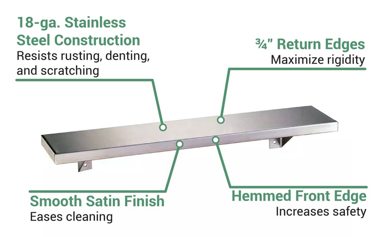 Bobrick B-295X16 Solid Wall Mounted Shelf, 16"W x 5"D, Stainless