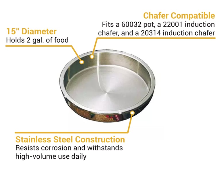 Bon Chef 12001 15" Round Food Pan for Chafers w/ 2 gal Capacity, Stainless