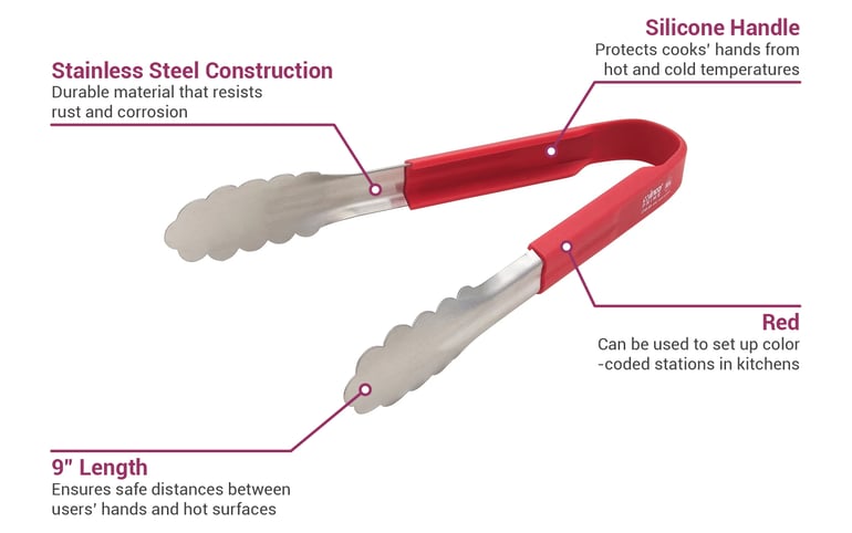 Winco UTSH-9R 9" Stainless Utility Tongs, Red