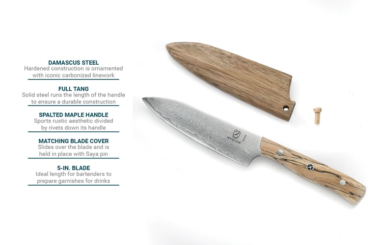 Barfly 5" Bar Knife w/ Spalted Maple Handle, Damascus Steel (M37153)