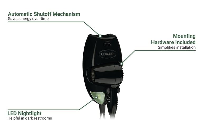 Conair Hospitality Wall Mount Hair Dryer w/ Nightlight - 1600 watts ...