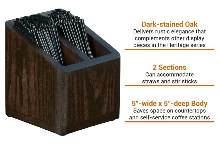 Cal-Mil 22429-112 2 Compartment Stir Stick Holder - 5" x 5" x 5 1/2", Brown