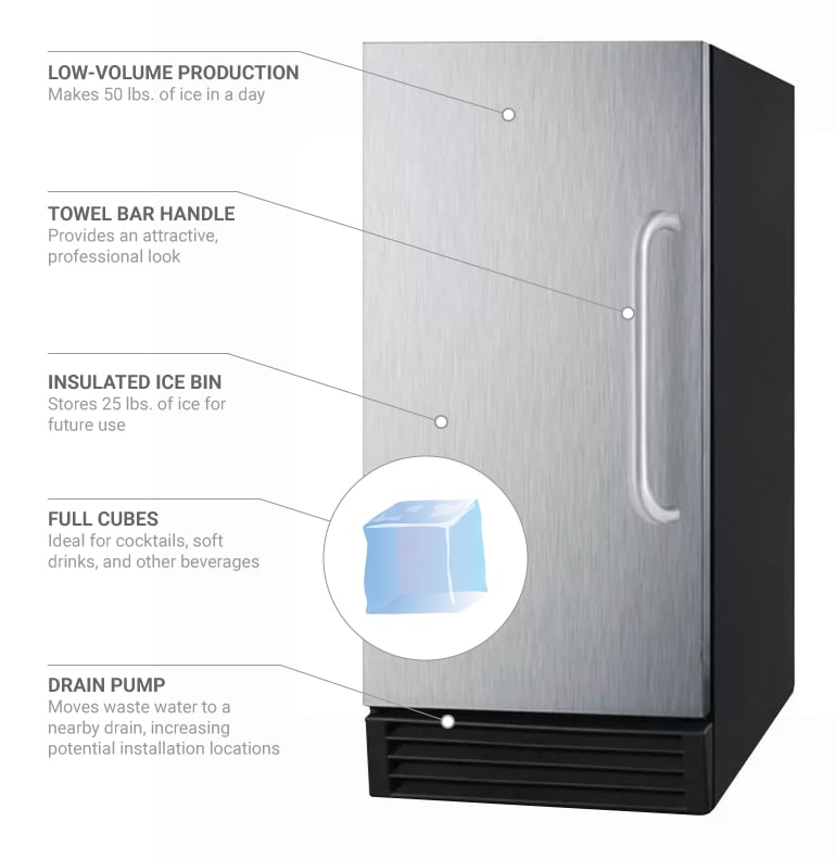 Summit BIM44GADA 14 1/2"W Full Cube Undercounter Ice Machine - 50 lbs ...