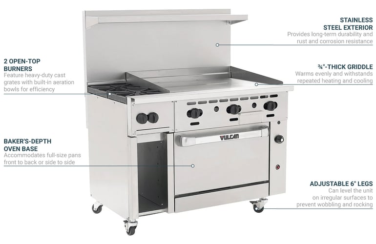 Vulcan 48S-2B36GT 48" 2 Burner Gas Range w/ Griddle & Standard Oven ...