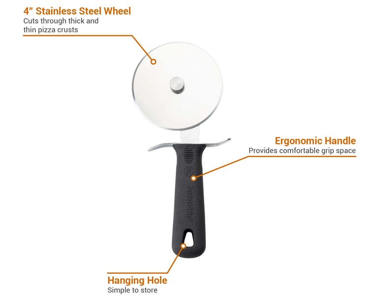 Tablecraft 10992 4" Pizza Cutter w/ Black Ergonomic Handle, Stainless Steel