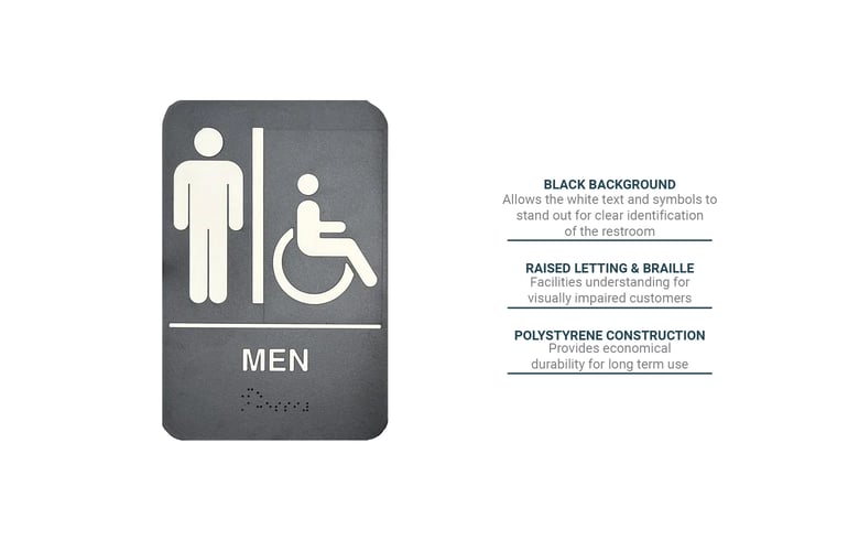 Tablecraft 11674 6" x 9" Men/Accessible Sign - Braille, White on Black