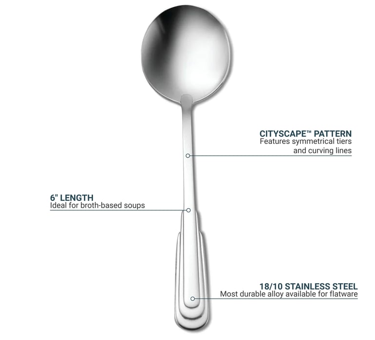 Oneida 6" Bouillon Spoon with 18/10 Stainless Grade, Cityscape Pattern ...