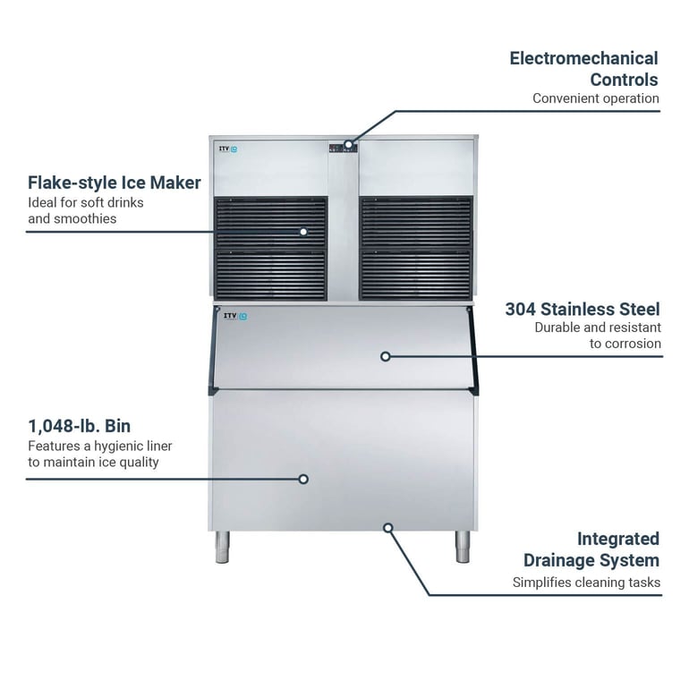ITV Ice Makers 2860 lb Ice Queen Flake Ice Machine w/ Bin - 1048 lb ...