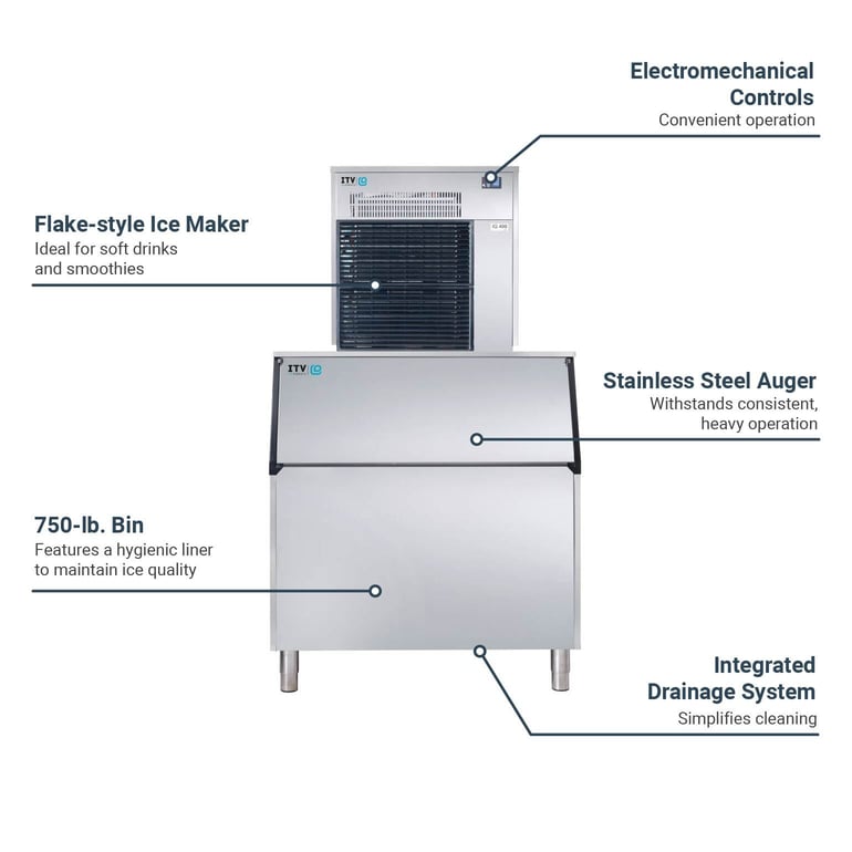 ITV Ice Makers 980 lb Ice Queen Flake Ice Machine w/ Bin - 750 lb ...