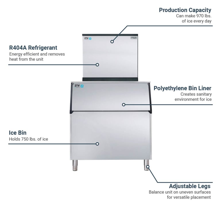 ITV Ice Makers 970 lb Spika Full/Half Cube Ice Machine w/ Bin - 750 lb ...