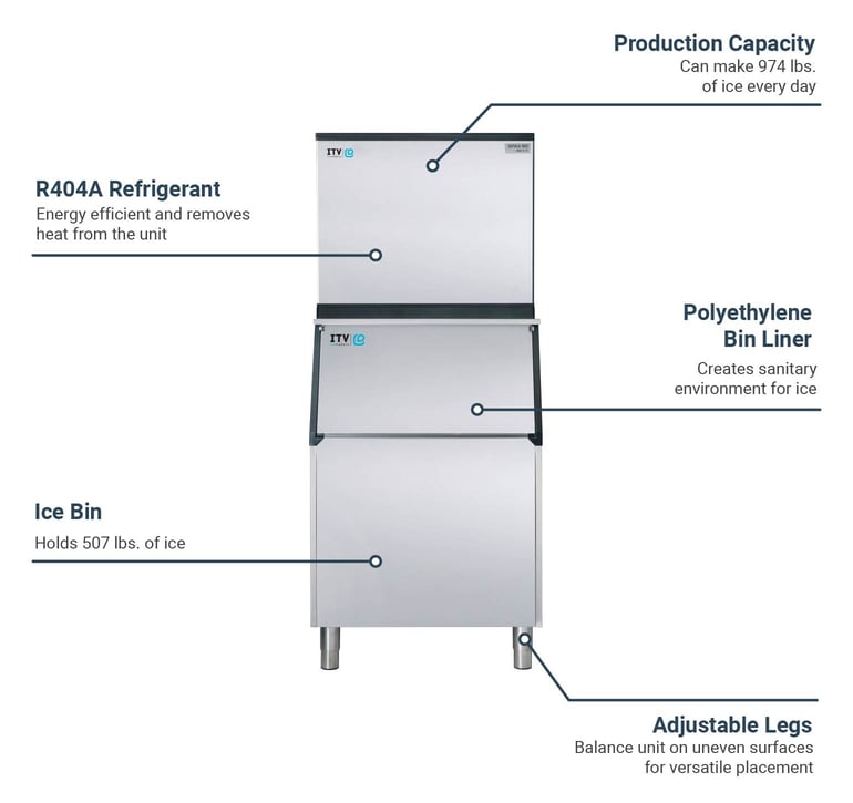 ITV Ice Makers 974 lb Spika Full/Half Cube Ice Machine w/ Bin - 507 lb ...