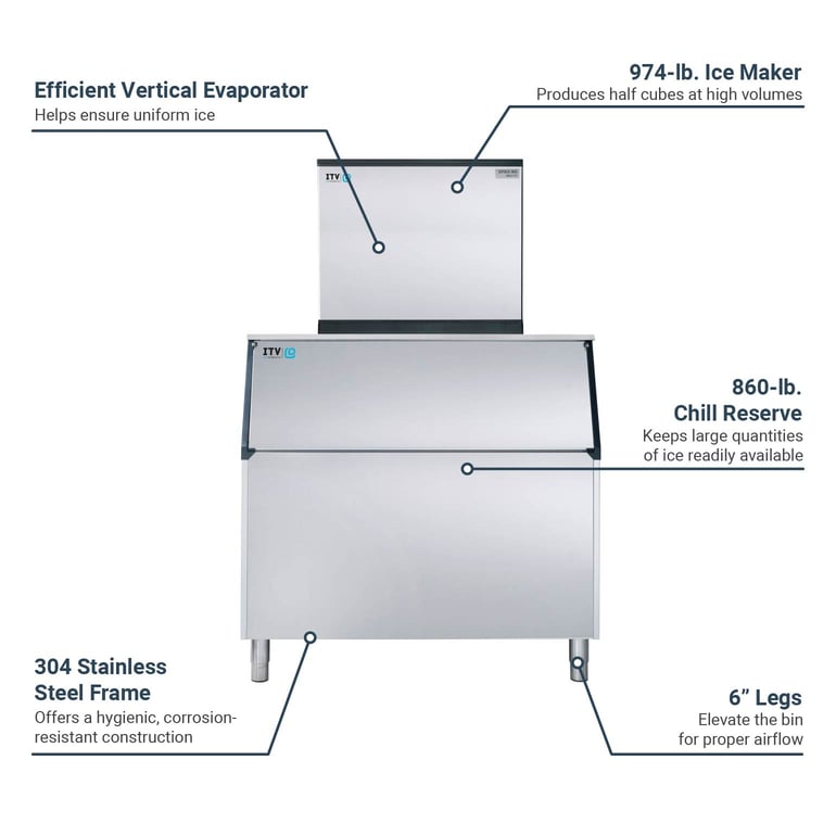 ITV Ice Makers 974 lb Spika Full/Half Cube Ice Machine w/ Bin - 860 lb ...