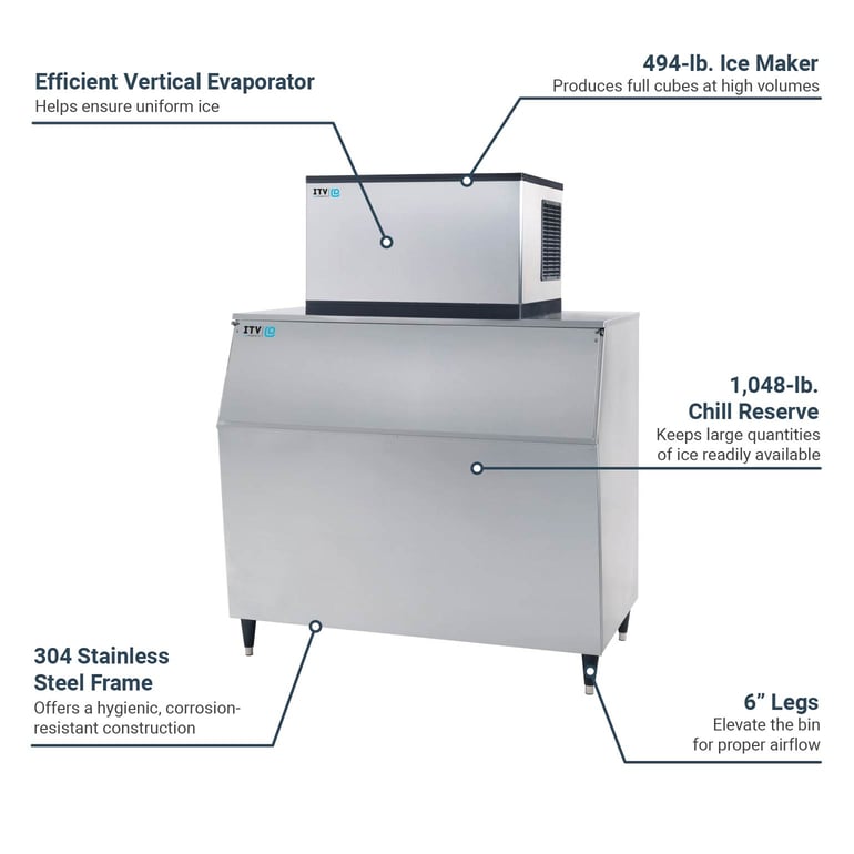 ITV Ice Makers 480 lb Spika Full/Half Cube Ice Machine w/ Bin - 1048 lb ...