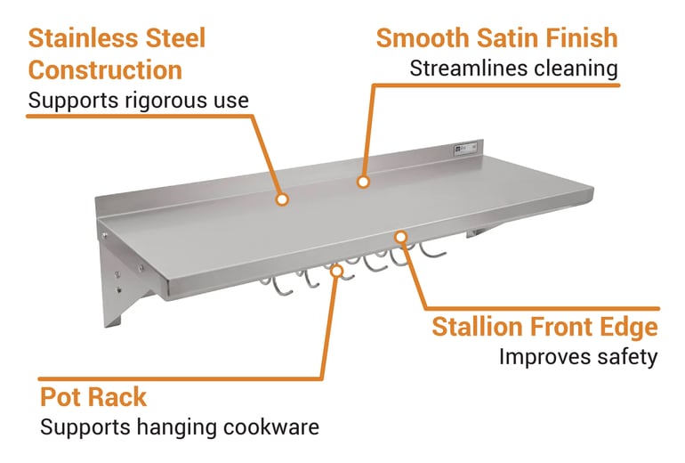 John Boos BHS1224PR Solid Wall Mounted Shelf, 24"W x 12"D, Stainless