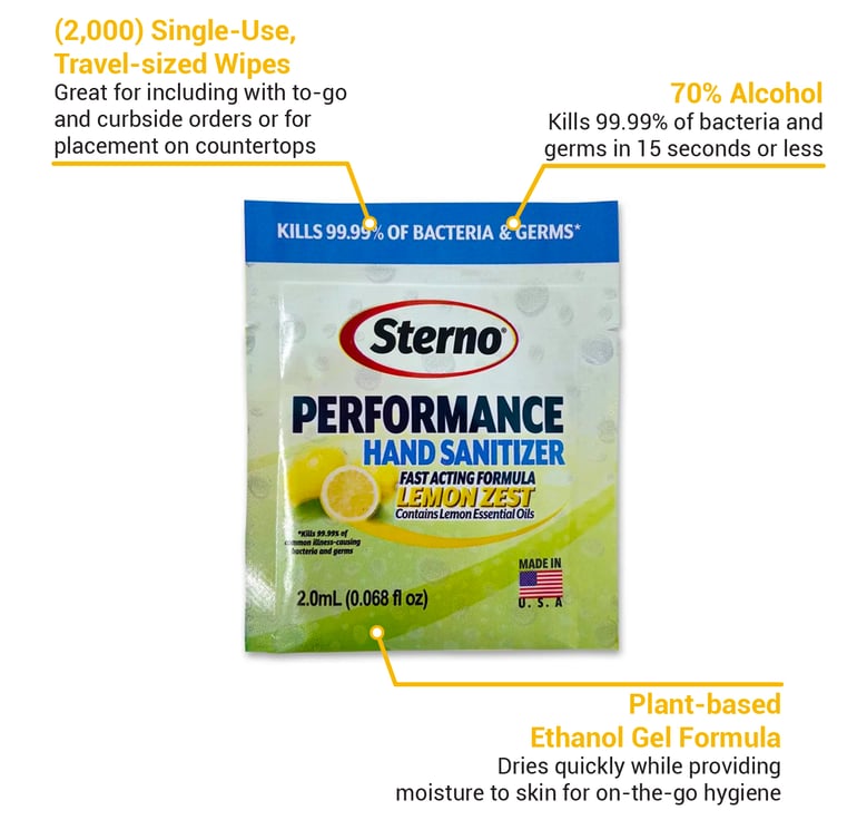 Sterno 2 ml 70% Alcohol Gel Hand Sanitizer Packets, Lemon Zest Scent ...