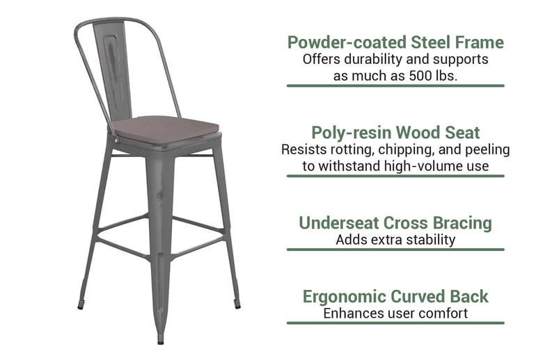 Flash Furniture XU-DG-TP001B-30-PL1G-GG Counter Height Stool w/ 30" Gray Wood Seat - Steel, Gray