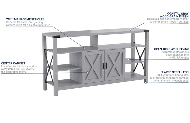Flash Furniture ZG-025-CGY-GG 60" TV Stand w/ Storage, Coastal Gray
