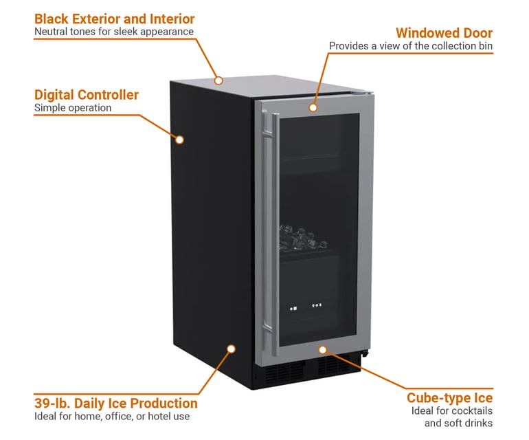 Marvel MLCP215SG01B 15"W Full Cube Undercounter Ice Machine - 39 lbs ...