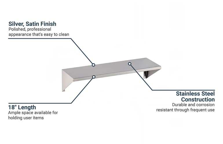 Gamco S-8X18 Solid Wall Mounted Shelf, 18"W x 8"D, Stainless Steel
