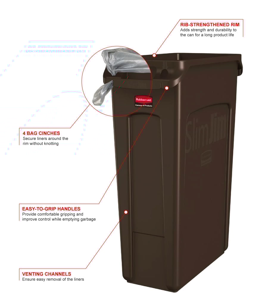 Rubbermaid 1956187 23 gal Rectangle Slim Trash Can, 22"L x 11"W x 30"H ...