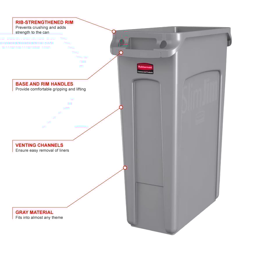Rubbermaid FG354060GRAY 23 gal Rectangle Slim Trash Can, 22"L x 11"W x ...