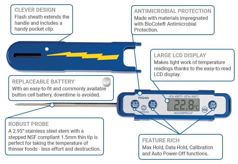 Comark PDQ400 Waterproof Digital Pocket Thermometer w/ 3" Stem, -4 to ...