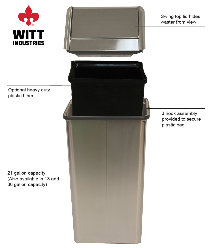 Witt 1411HTSS 21 gal Indoor Decorative Trash Can - Metal, Stainless Steel