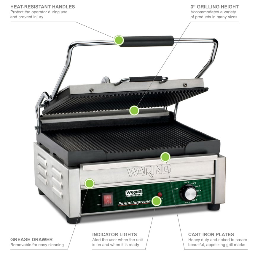 Waring WPG250 Single Commercial Panini Press w/ Cast Iron Grooved ...