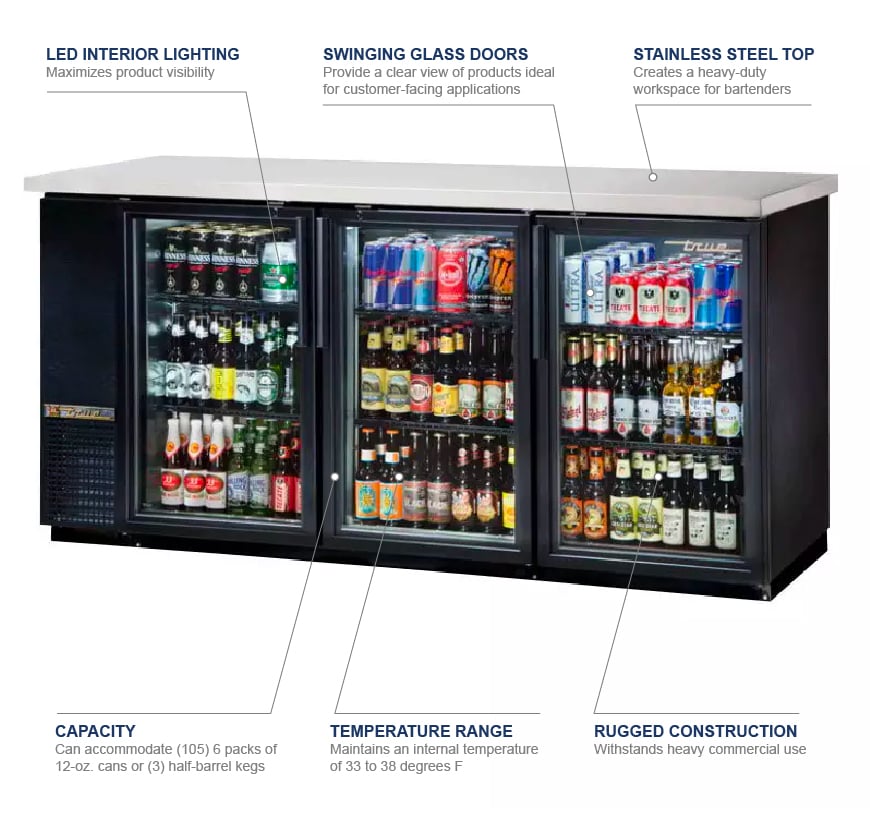 True TBB-24-72G-HC-LD 73 1/8" Bar Refrigerator - 3 Swinging Glass Doors ...