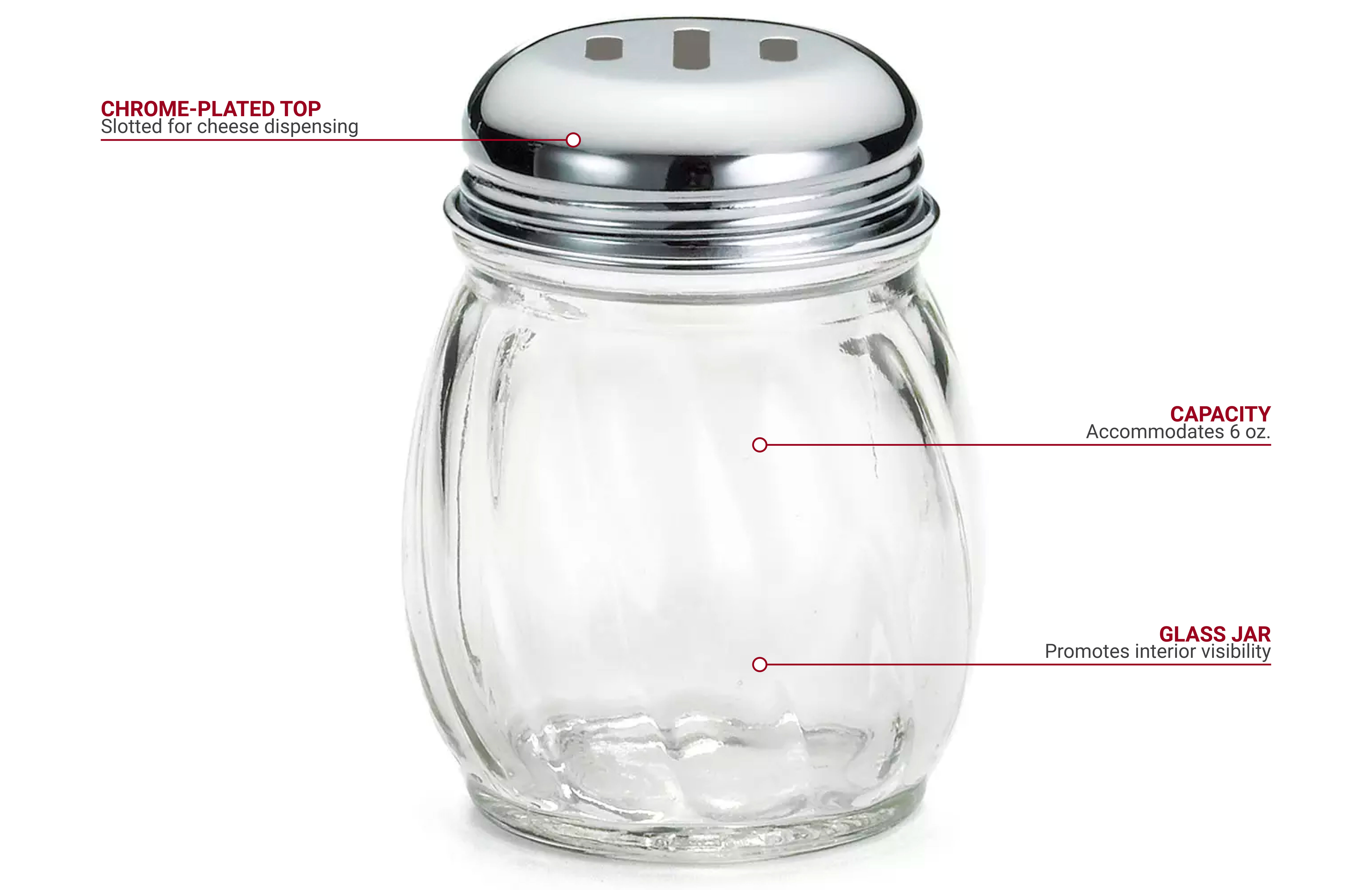 Tablecraft 260SL-1 6 oz Swirl Glass Cheese Shaker w/ Slotted Top, Chrome